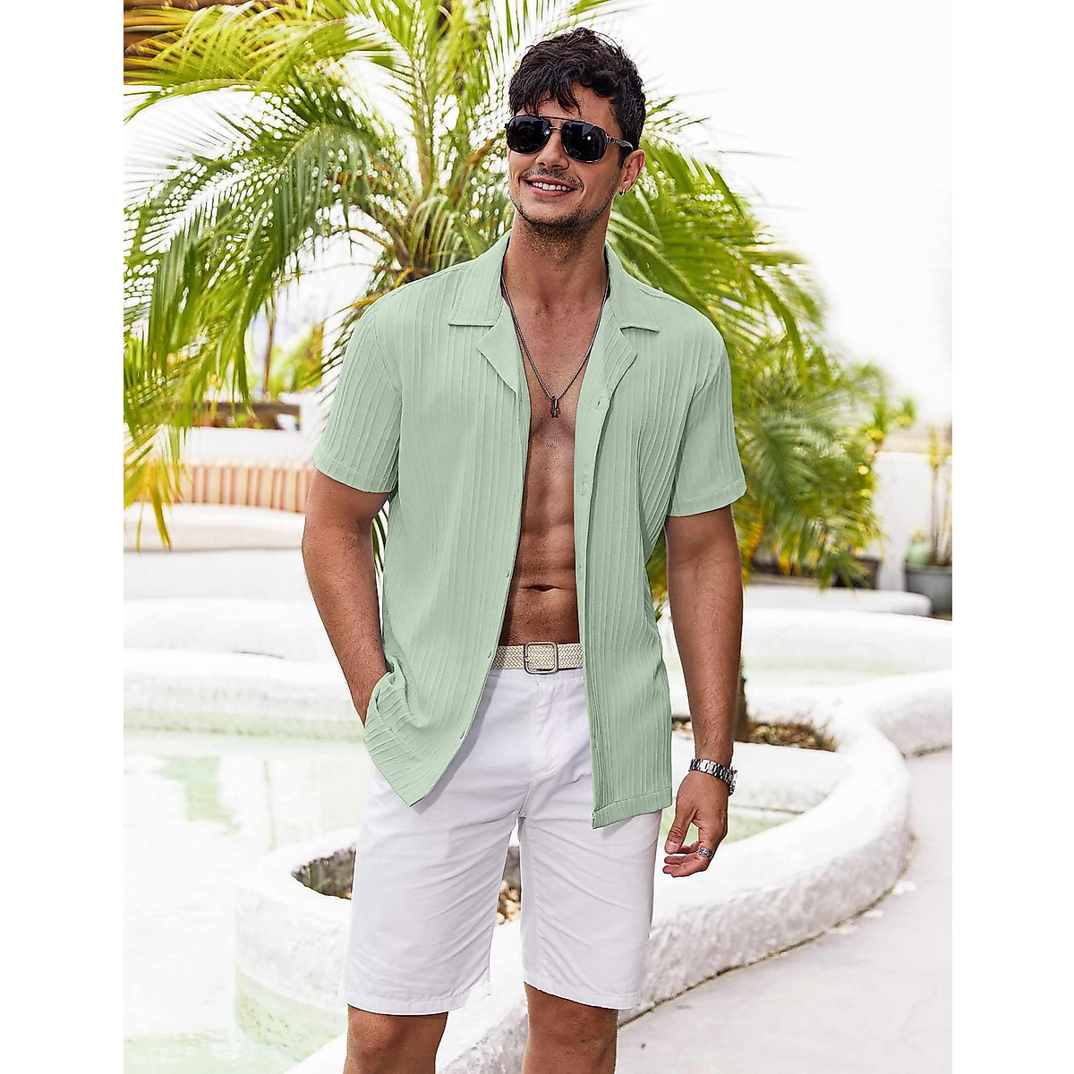 COOFANDY Button Down Shirt Men Button Down Short Sleeve Shirt Button Up Shirts for Men Linen Shirts for Men Summer Beach Shirt Light Green - M