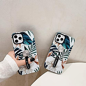 Hosgor Case for iPhone 12/12 Pro Women, Finger Grip Flower Design Rugged Shockproof Slim Soft TPU + Matte PC Dual Layer Strap Cover for iPhone 12/12 Pro 5G - 6.1" 2020 (Palm Leaf)