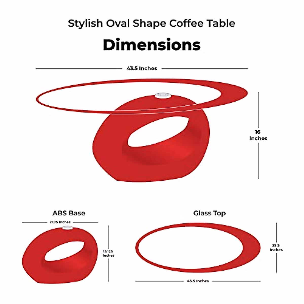 Fab Glass and Mirror Stylish Oval Shape Coffee Table, Red