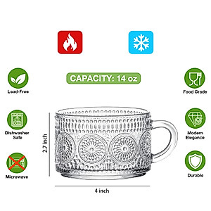 Qipecedm Vintage Coffee Mugs Set of 4,14 oz Glass Coffee Tea Cups with Handle, Clear Embossed Glassware, Glass Mugs, Glass Coffee Cups for Latte, Cereal, Yogurt, Milk, Beverage Hot/Cold