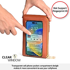 GEARONIC Women's Sling Handbag, Faux Leather, Coffee-Phone Wallet, Crossbody Bag with Transparent Window, 7 x 4.5 x 1.6 in