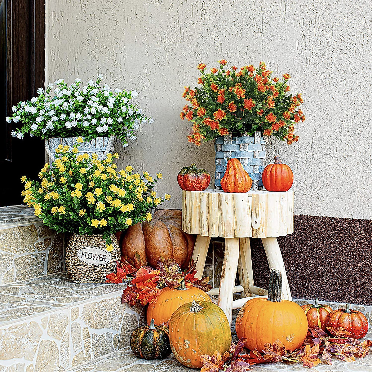 Rinlong 6Pcs Artificial UV Resistant Flowers Outdoor Fake Mums Plants Orange Plastic Flowers Plants Faux Flowers Fall Decor for Clearance Outdoor