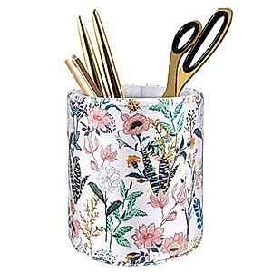 WAVEYU Pen Holder for Women Girls, Decorative Pencil Organizer, Makeup Brush Holder, Leather Multi-Functional Organizer for Office, Home, Classroom, White Flower