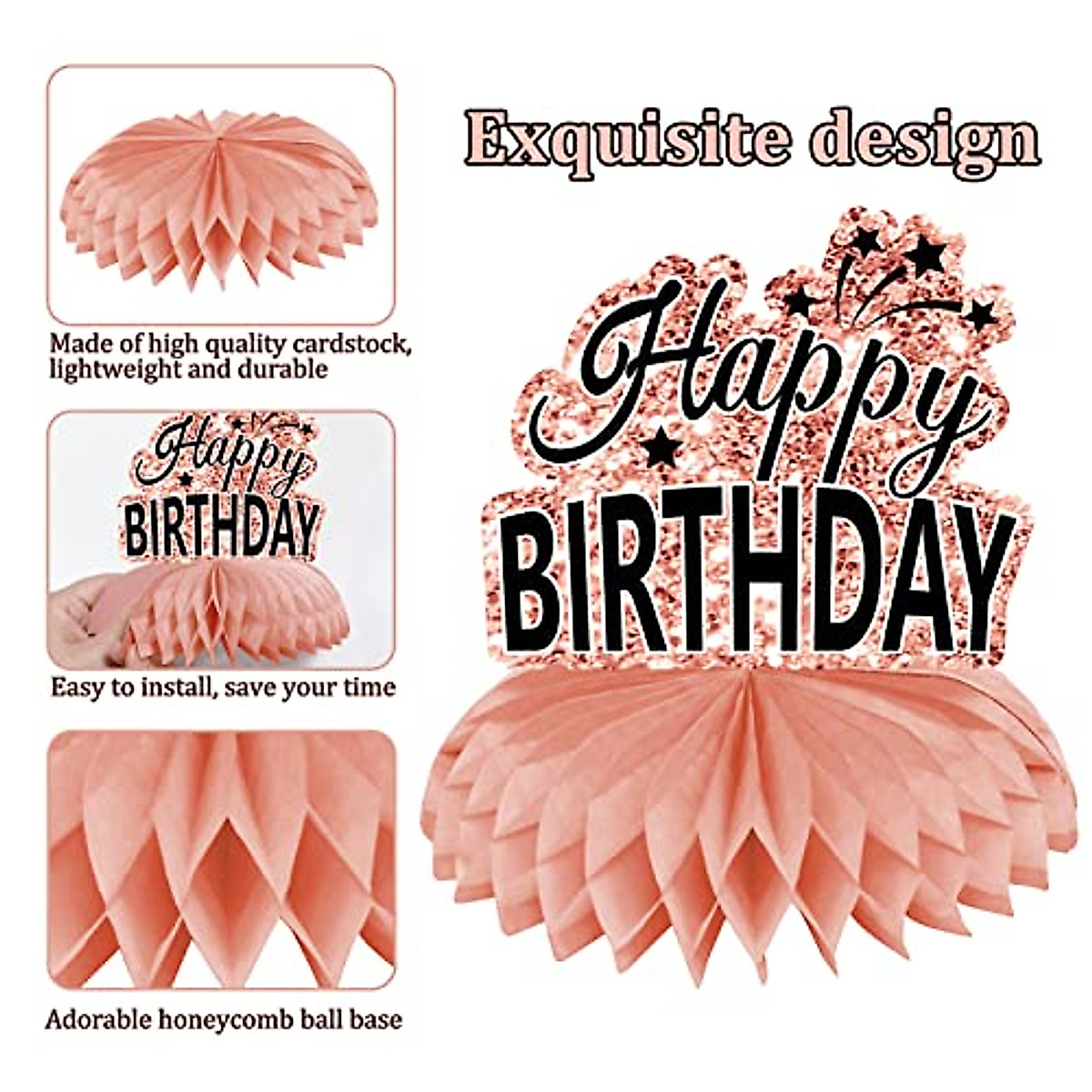 10Pcs Rose Gold Birthday Decorations Honeycomb Centerpieces for Girls Women, Rose Gold Black Happy Birthday Table Centerpieces Party Supplies,16th 18th 21st 30th 40th 50th 60th Bday Table Topper Decor
