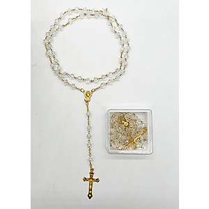 Catholic Our Lady of Guadalupe Crystal Rosary with Medals Rosario De La Virgen De Guadalupe Virgin Mary Prayer Rosary Necklace (White/Gold)