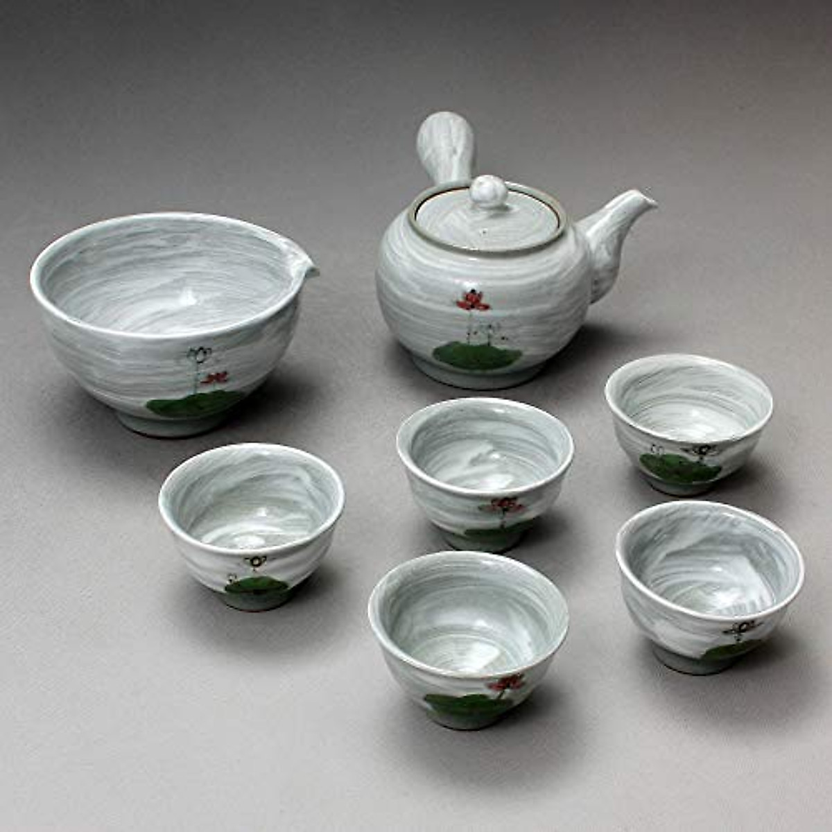 Korean Style Buncheong Porcelain Lotus Flower Tea Ceremony Complete Service Gift Set Ceramic Pottery 11.8 oz (350ml) Side Handle Tea Pot Cups Saucers Teapot Pitcher Bowl for Cooling Hot Water