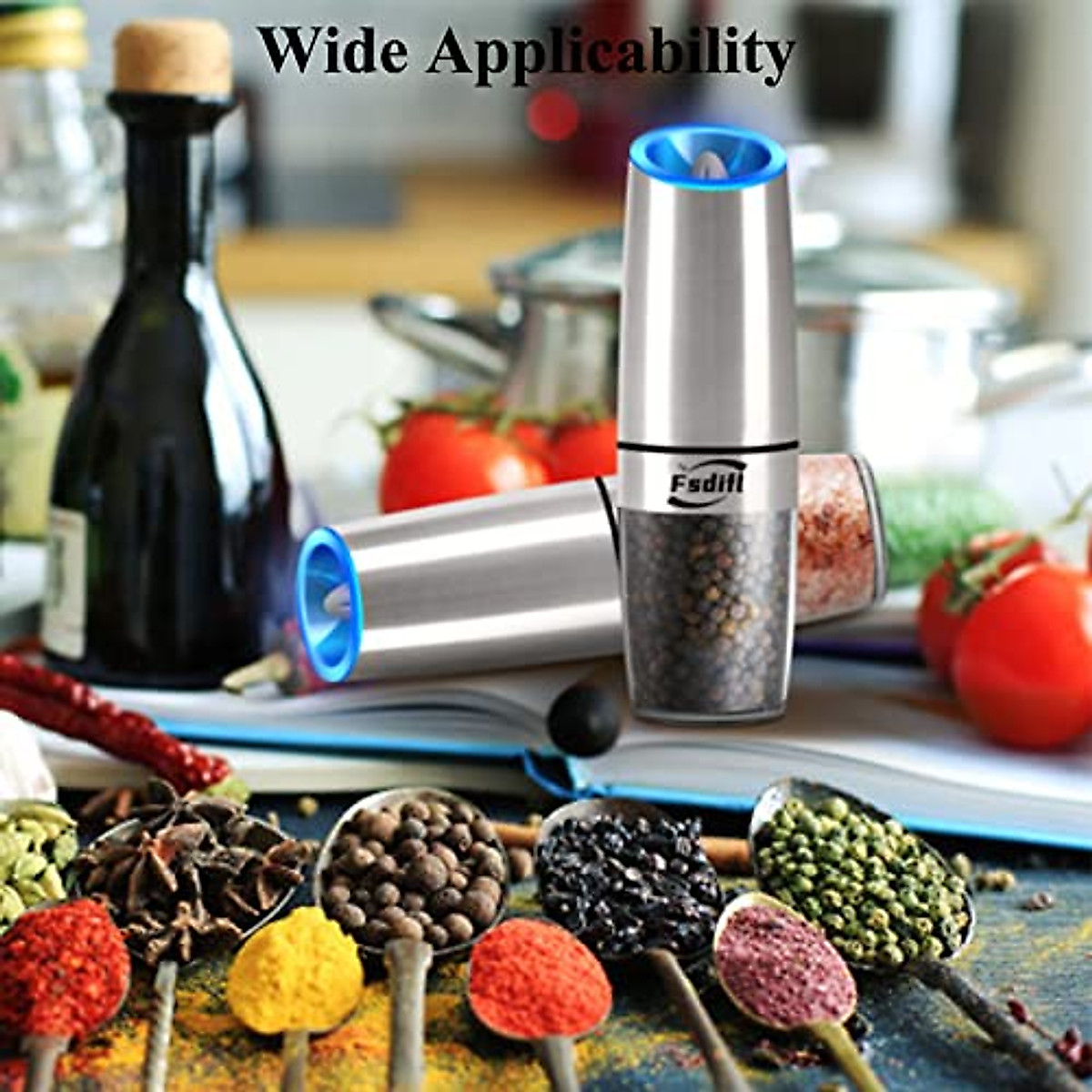 Fsdifly Electric Salt and Pepper Grinder - Battery Operated Automatic Salt and Pepper Mills with Blue Light, Electric Salt and Pepper Grinder set - Adjustable Coarseness, One Handed Operation