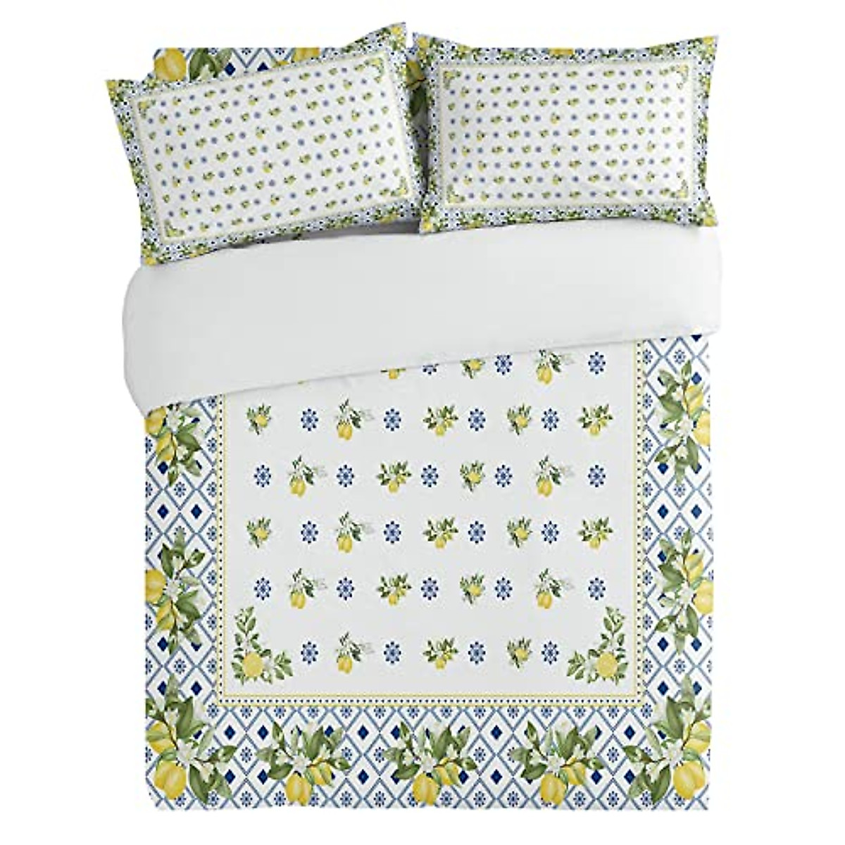 3 Pieces Duvet Cover California King Bedding Sets Summer Lemon Flower and Leaves Luxury Soft Comforter Cover with Pillowcases Retro Tile Lattice on White Microfiber Quilt Covers Set for Bedroom Decor