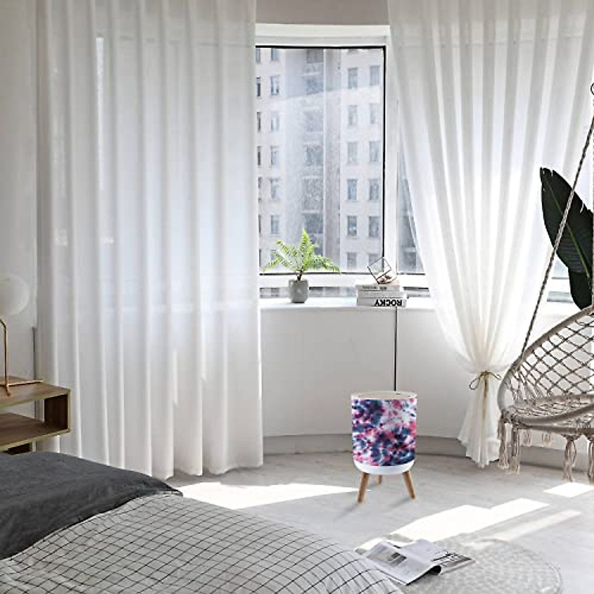 Small Trash Can with Lid Tie dye shibori seamless Watercolor hand painted pink red indigo blue Garbage Bin Wood Waste Bin Press Cover Round Wastebasket for Bathroom Bedroom Diaper Office Kitchen