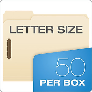Pendaflex Fastener Folders, 2 Fasteners, Letter Size, Manila, 1/3 Cut Tabs, in Left, Right, Center Positions, 50 Per Box (FM213)
