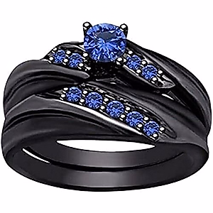 Aryan Jewels 2.10 Ct Round Cut Blue Sapphire Engagement Wedding Women's Bridal Ring Set 14k Black Gold Finish (5.5)