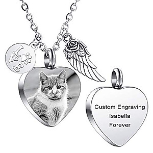 MeMeDIY Personalized Heart Paw Print Ashes Urn Pendant Necklace Custom Name/Photo/Date for Women Men Stainless Steel Memorial Dog Cat Pet Keepsake with Keyring Funnel Fill Kit Angel Wing