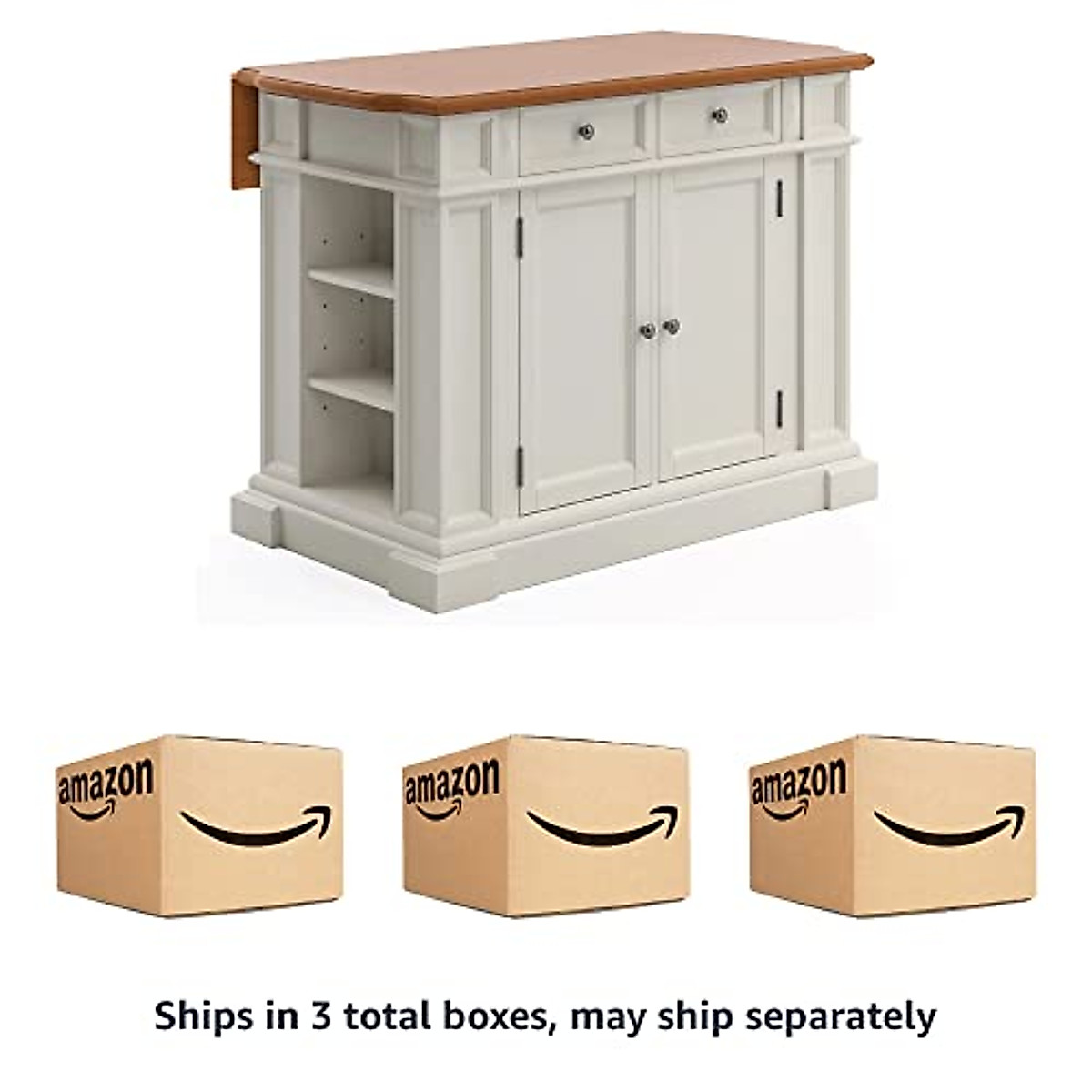 Homestyles Americana Kitchen Island with Wood Top and Drop Leaf Breakfast Bar, Storage with Drawers and Adjustable Shelves, 50 Inch Width, 49.75 inches, White and Oak