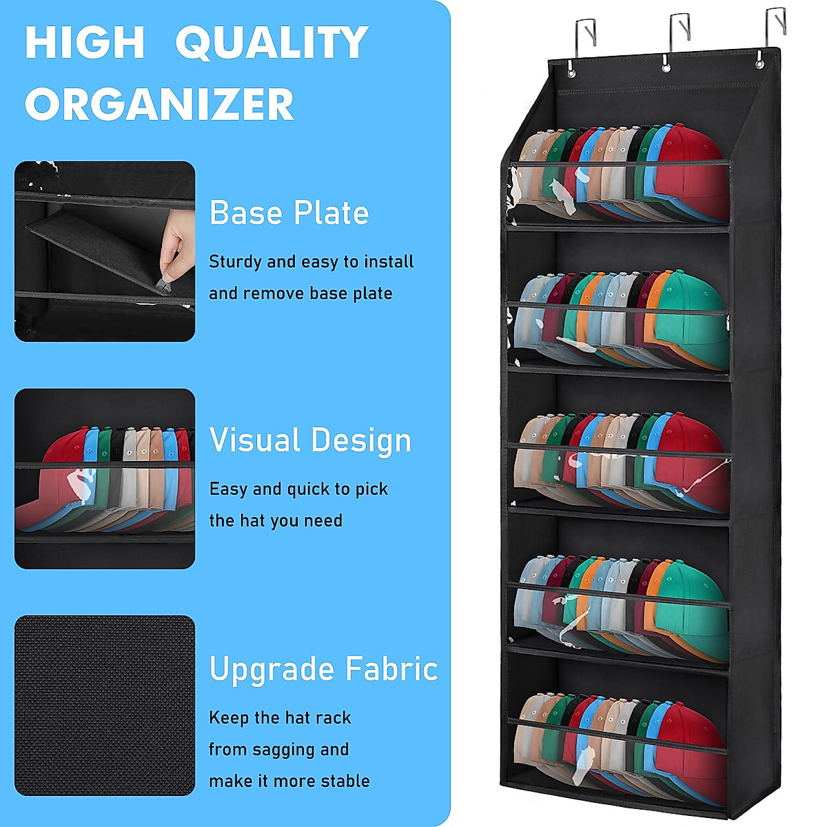 AROUY Hat Rack for Door-Hat Organizer for Baseball Caps-Baseball Hat Storage Organizer Clear Deep Pockets for Hanging in Closet or on Wall, 5 Tiers, Holds At Least 60 Hats, with 3 Hooks