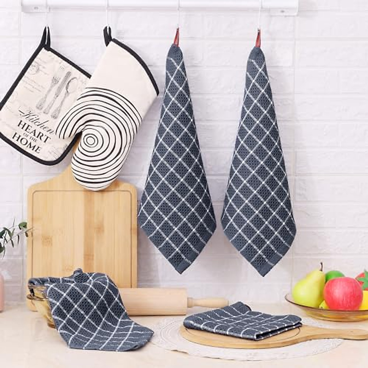 Fintale Kitchen Dish Cloths 6 Pack,12 x 12 Inches,100% Cotton Waffle Weave Soft and Super Absorbent Dish Towels, Quick Drying Dish Rags for Washing Dishes, Lattice Designed, Grey