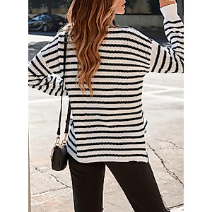 Dokotoo Oversized Crewneck Sweaters for Women 2024 Fall Winter Fashion Color Block Long Sleeve Striped Side Split Sweater Casual Comfy Chunky Knit Pullover Sweaters Tops White Large