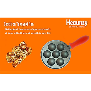 Heaunzy Japan large aperture takoyaki pan cast iron with silicone cover,Poffertjes pan,Appam pan,Masa pan,Banh khot pan,durable and non stick,heavy cast iron uncoated 1.7kg(7 Hole)