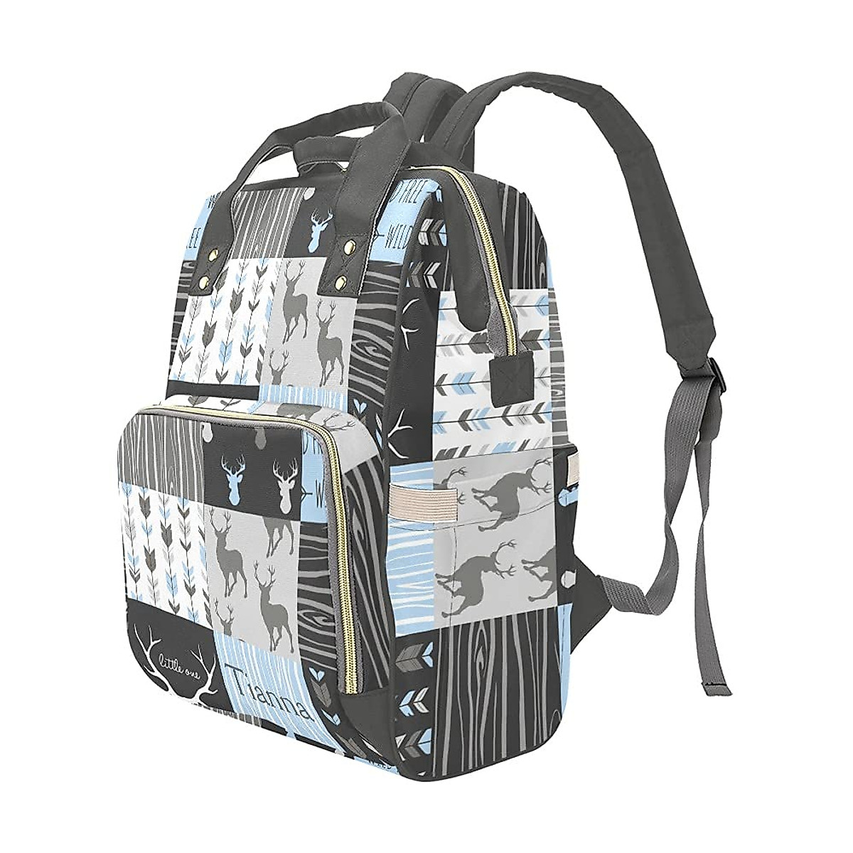 XOZOTY Deer Elk Antlers Feather Arrow Patchwork Diaper Bags with Name Waterproof Mummy Backpack Nappy Nursing Baby Bags Gifts Tote Bag for Women