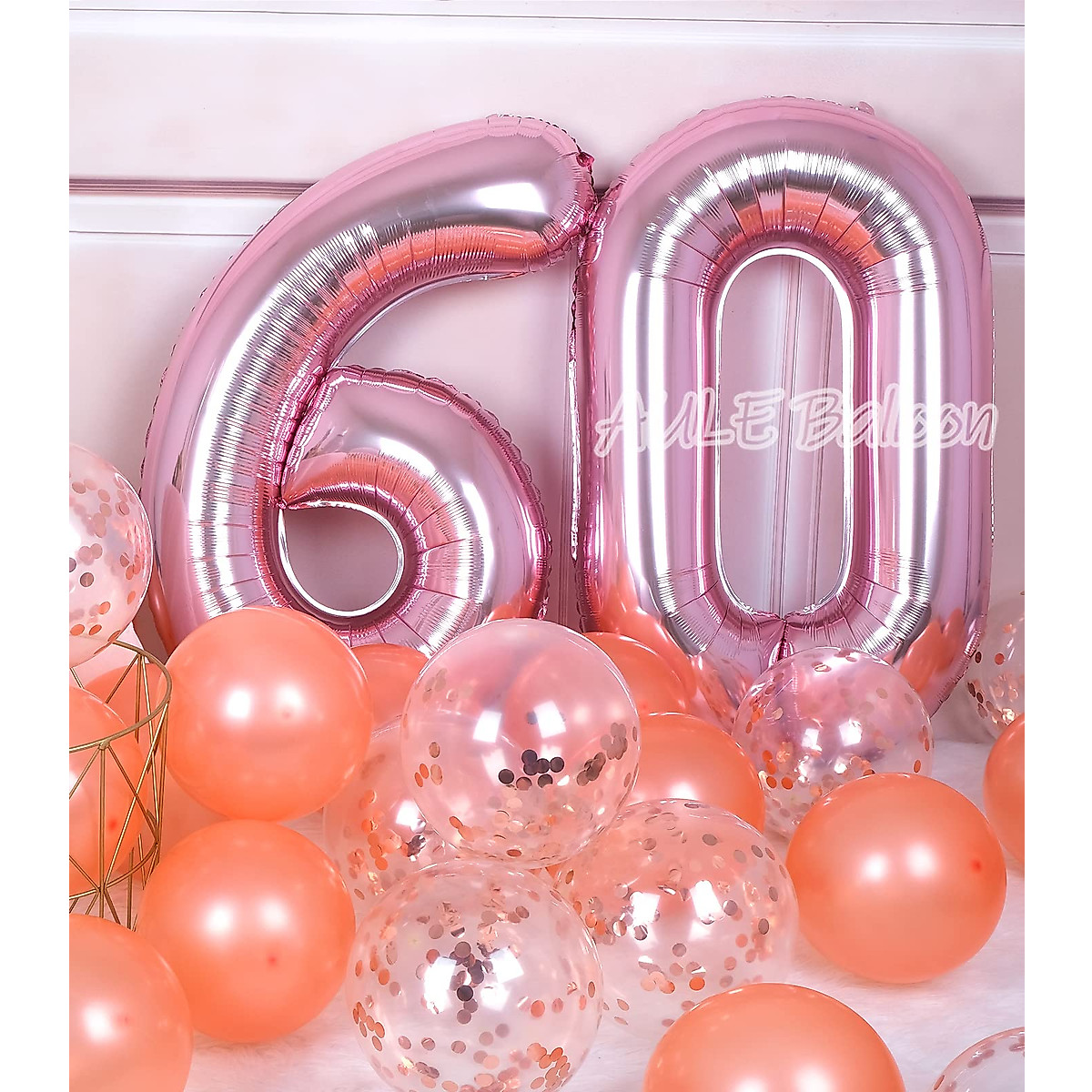 AULE 40 Inch Big Rose Gold Foil Mylar Number Balloons for Women 60th Birthday Party Decorations Giant Happy 60 Anniversary Party Decor