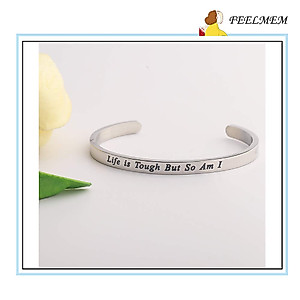 FEELMEM Depression Awareness Recovery Gift Life Is Tough But So Am I Keychain Prevention Awareness Mental Health Awareness Jewelry Inspirational Gifts For Family Best Friend (cuff - silver)