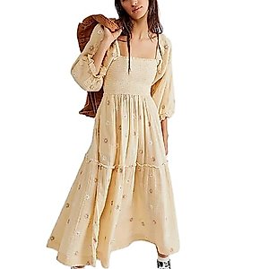 Argeousgor Women 2023 Bohemian Floral Dress Square Neck Ruffle Swing A Line Maxi Dress Long Sleeve Beach Long Dress(Boutique Apricot Flower Dress,M)