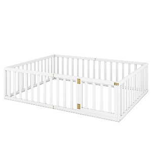 Harper & Bright Designs Queen Floor Bed with Rails, Wood Floor Bed Frame with Fence and Door, for Kids Girls Boys (White)