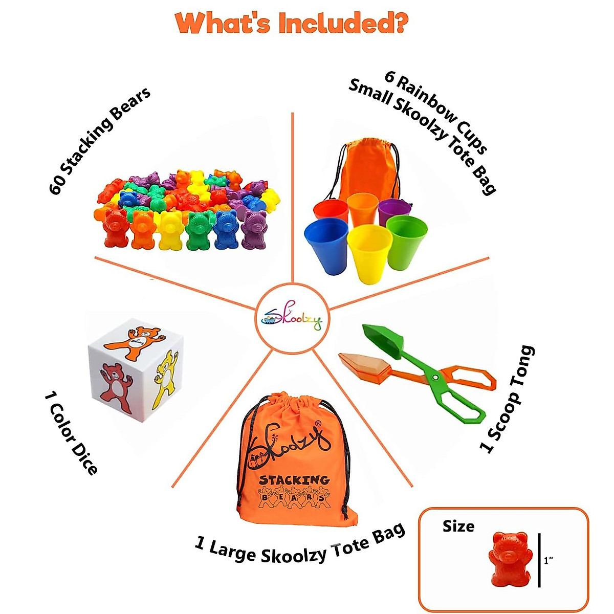 Skoolzy Stacking Toddler Peg Board 38 Piece Set and Rainbow Sorting Bears with Matching Cups 69 Piece Set Montessori Occupational Therapy Toddler Toys Kit with Storage Bags and eBook