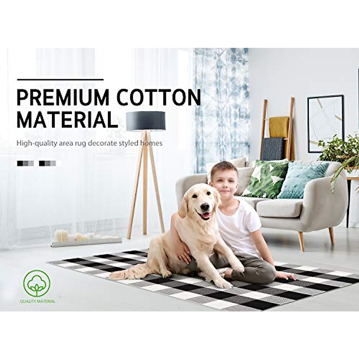 Syntus Buffalo Plaid Rug, 35.4 x 59 inch Doormat Kitchen Rug Black and White Cotton Outdoor Mat for Porch Bathroom Carpet Living Room Throw Area Rug