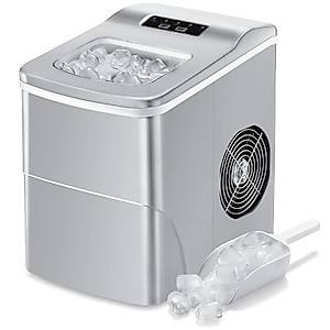 AGLUCKY Ice Makers Countertop with Self-Cleaning, 26.5lbs/24hrs, 9 Cubes Ready in 6~8Mins, Portable Ice Machine with 2 Sizes Bullet Ice/Ice Scoop/Basket for Home/Kitchen/Office/Bar/Party, Grey