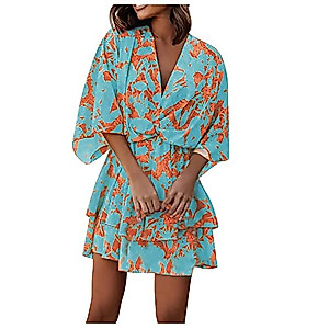 Summer Dresses For Women 2023 Beach Casual V Neck Boho Floral Dress Hide Belly Fat 3/4 Sleeve Loose Fit Cute Mini Sundress Spring Fashion Going Out Dress Clothes Hawaiian Dresses(A Blue,X-Large)