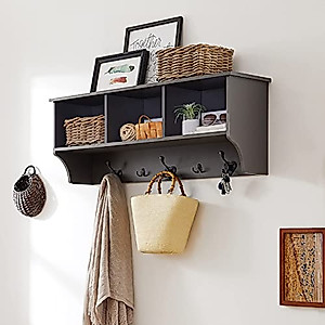 Vanity Art 5 Hooks Wall Mounted Coat Rack with Storage Shelf Wall Hanging Shelf Entryway Organizer for Living Room Bedroom Bathroom Kitchen (Gray) F10003GR-BK