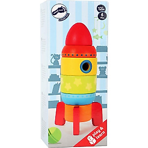 Small Foot Wooden Toys Colorful Rocket Shaped Stacking Toys, Six Plug-in Parts Promote The Fine Motor Skills Designed for Children 12+ Months