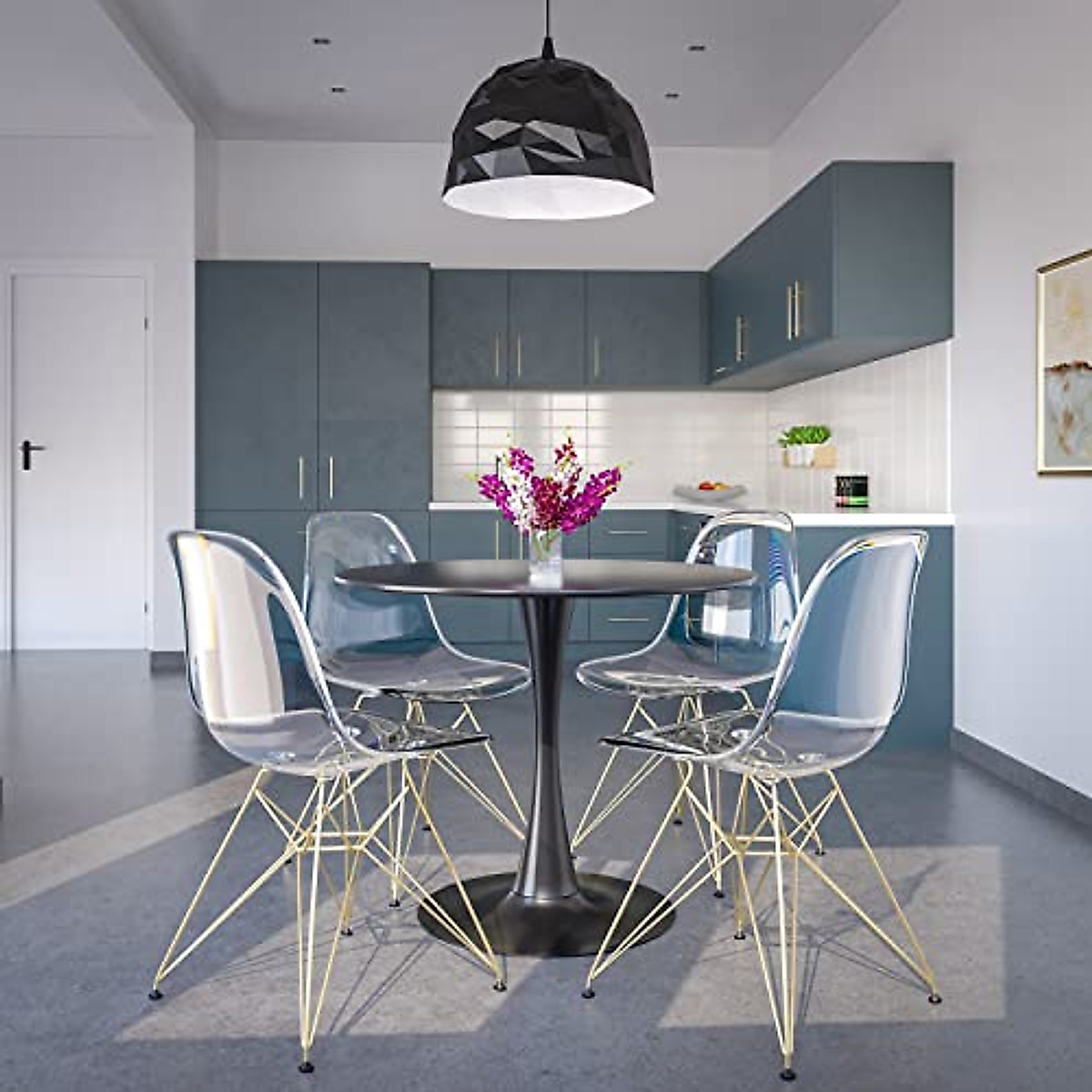 LeisureMod Carey Modern Eiffel Base Molded Side Dining Chair with Gold Base, Set of 2 (Clear)