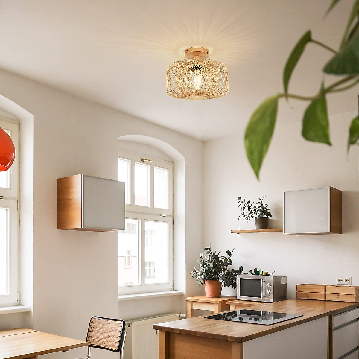 FRIDEKO HOME Woven Rattan Flush Mount Light Fixture - Boho Light Fixtures Ceiling Bedroom Ceiling Lights Flush Mount Ceiling Light for Living Room Hallway Kitchen Entryway Farmhouse