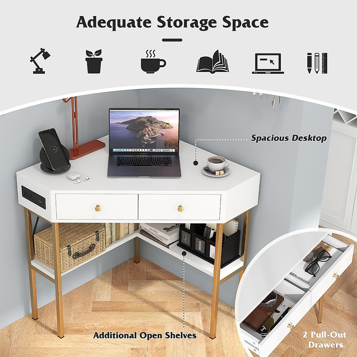 Tangkula White Corner Desk with 2 Drawers & Built-in Charging Station, 90 Degrees Triangle Corner Computer Desk for Small Space, Bedroom Makeup Vanity Desk with Storage Shelves, Corner Writing Desk