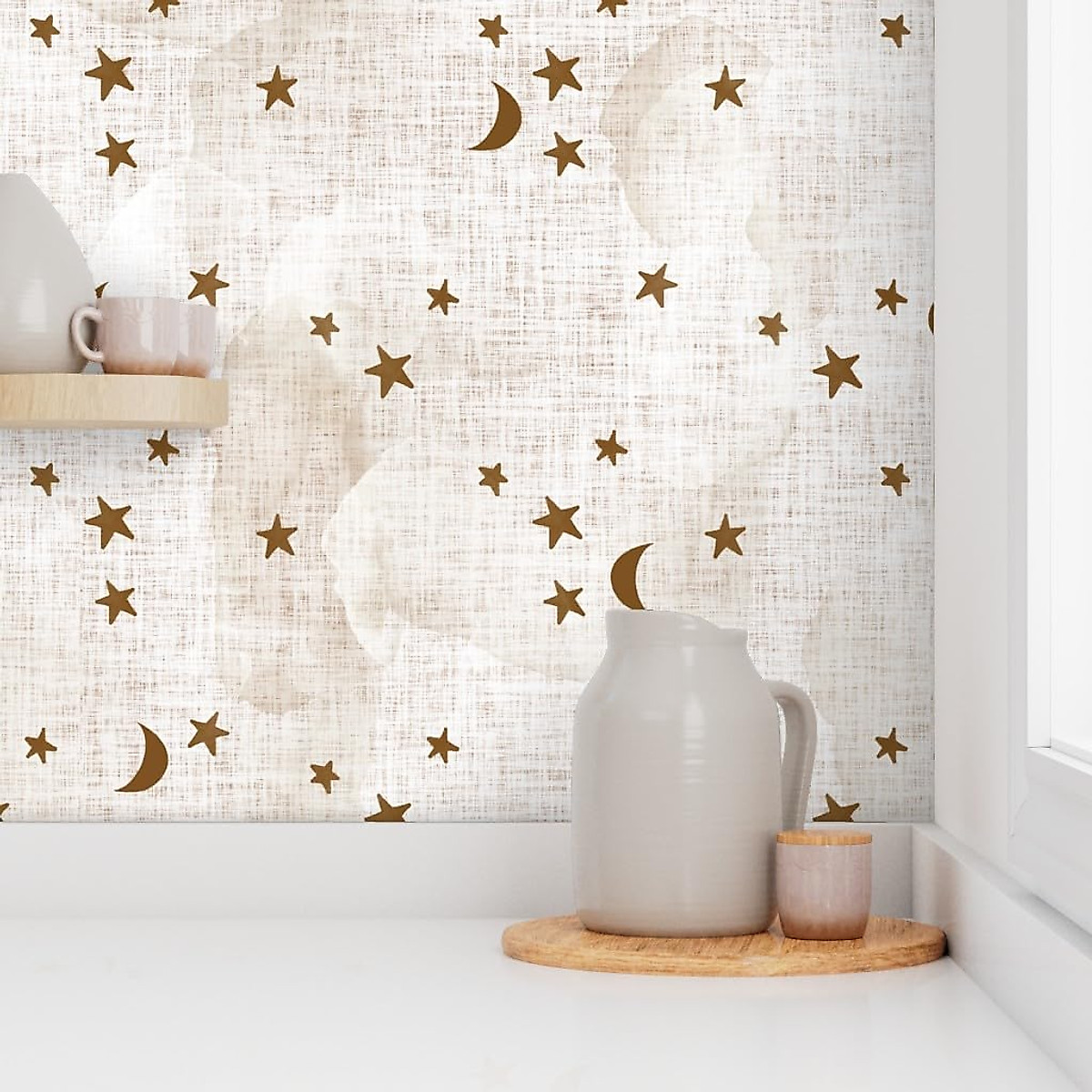 Peel & Stick Wallpaper Swatch - Dark Gold Stars Moon Night Sky Celestial Brown Copper Taupe Custom Removable Wallpaper by Spoonflower