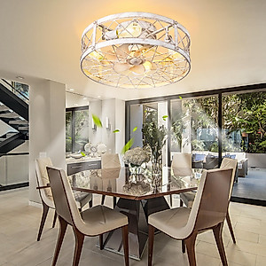 PAZALA Retro White Ceiling Fans with Lights, 20 inch Caged Ceiling Fan Light Fixture with Remote Control, Flush Mount Ceiling Fan with Light for Bedroom, Living Room, Kitchen