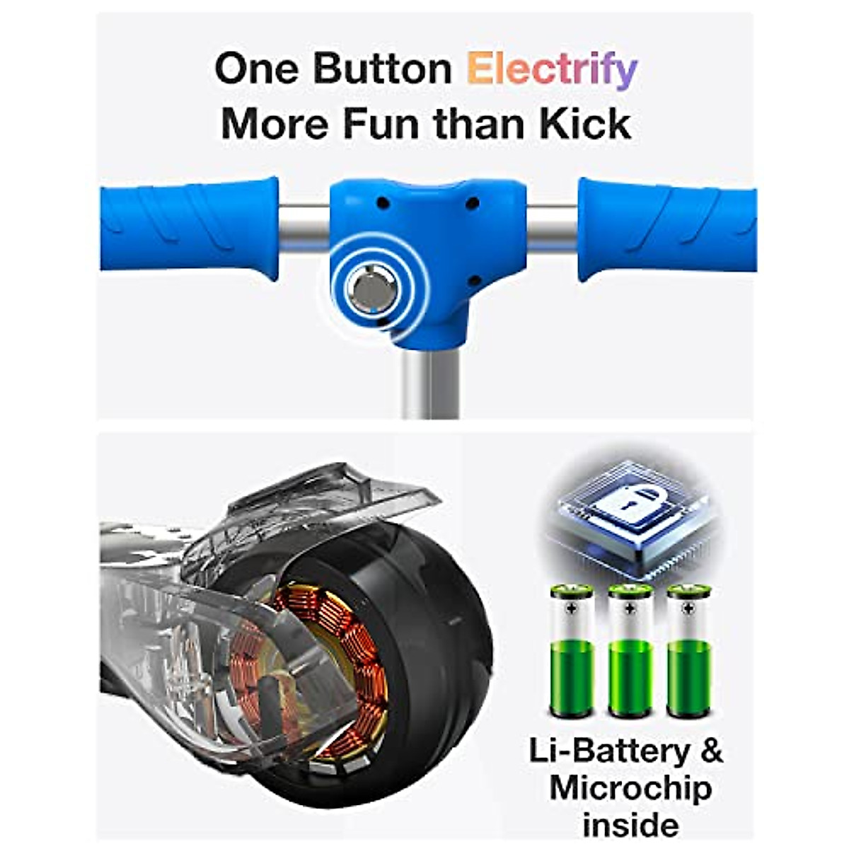 Elecorange Electric Scooter for Kids Ages 4-6, 3 Extra Wide Light Up Wheel & Deck, 3 Adjustable Heights, 5 Mph, Foldable 3 Wheel Electric Scooter for Kids, Toddlers, Boys, Girls Ages 4-8 [Blue]