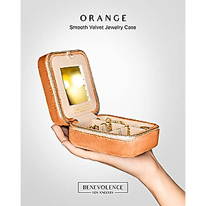 Plush Velvet Travel Jewelry Box Organizer | Travel Jewelry Case, Jewelry Travel Organizer | Small Jewelry Box for Women, Jewelry Travel Case | Earring Organizer with MIrror - Orange