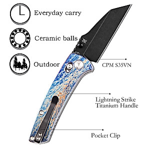 KANSEPT Premium Mian Street Men Women Pocket Knife 7.92in Folding Pocket Knives with 3.36in Black CPM 20CV Bladeand Lightning Strike Titanium Handle for Outdoor,Tactical,Survival K1015M2