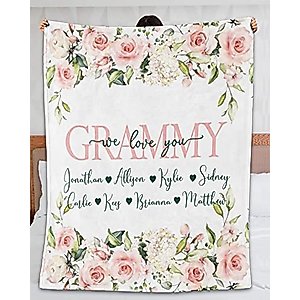 AZGifts Personalized Grammy Pink Rose Blanket Gifts for Grandma from Grandkids Grammy We Love You Blanket Customized Nickname Grandmother with Grandkids Name Blanket for Birthday Mothers Day