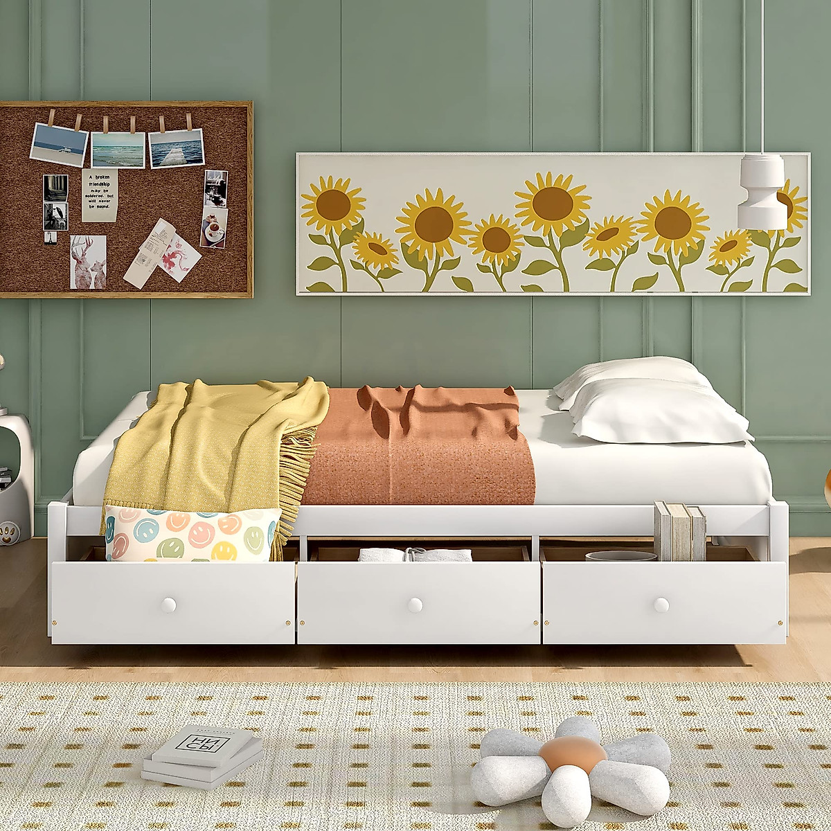 SOFTSEA Twin Size Bed Frame with 6 Storage Drawers, Wood Twin Platform Bed with Storage and Wood Slat Support, No Box Spring Needed, Twin Daybed Frame for Bedroom Living Room(White)