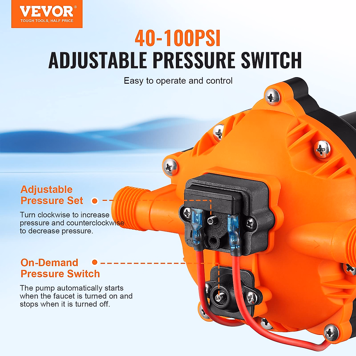 VEVOR Water Diaphragm Pump, 12V DC, 5.5 GPM Flow, 70 PSI Rated Pressure (40-100 PSI Adjustable), 1/2" MNPT Self Priming Sprayer Pump with Pressure Switch for Car Washing, Agricultural Irrigation