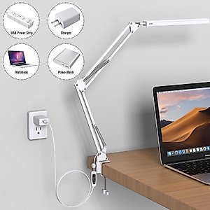 TROPICALTREE LED Desk Lamp, Swing Arm Desk Light with Clamp, 3 Lighting 10 Brightness Eye-Caring Modes, Reading Desk Lamps for Home Office 360°Spin with USB Adapter & Memory Function white-14W