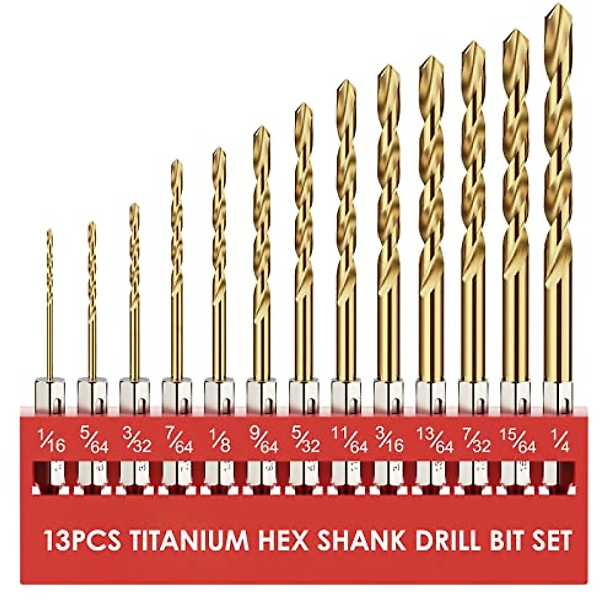 MACXCOIP Hex Shank Drill Bit Set, 13Pcs HSS Titanium Twist Drill Bit for Sheet Metal, Wood, Plastic, Quick Change Design (1/16" - 1/4")