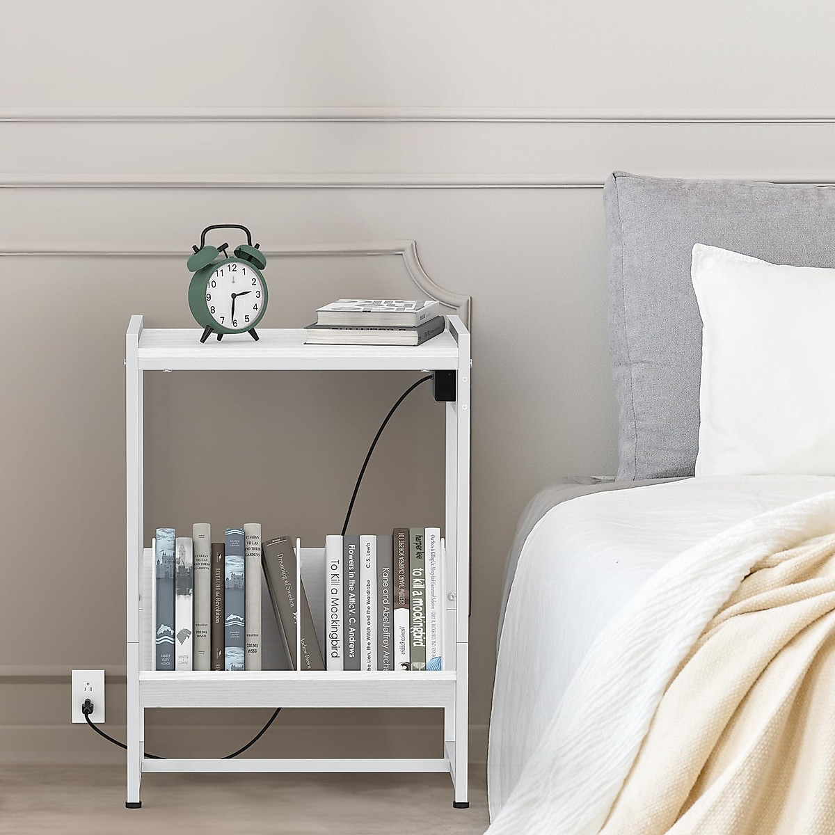 CADUKE White Record Player Stand with Vinyl Storage Turntable Stand with Record Storage 2 Tier Modern Vinyl Record Table Stand End Table with Charging Station for Living Room Bedroom