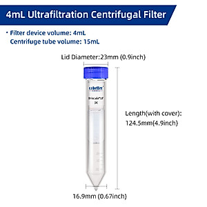 COBETTER Briscale Pack of 15 3kDa Ultra Centrifugal Filter 4mL Ultrafiltration Centrifuge Tube Unit with RC Membrane