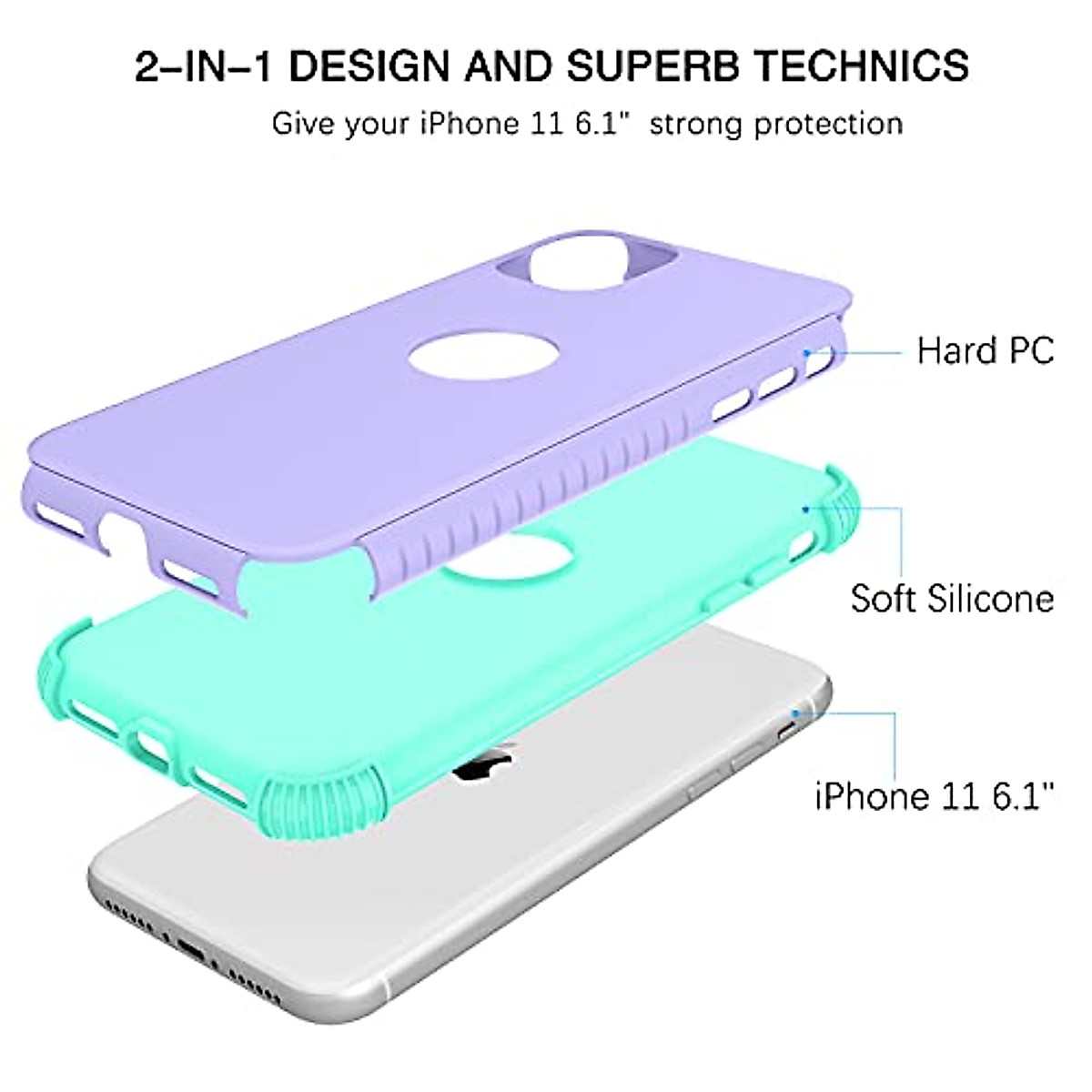 BENTOBEN iPhone 11 Case, Phone Case iPhone 11, Heavy Duty 2 in 1 Full Body Rugged Shockproof Protection Hybrid Hard PC Bumper Drop Protective Girls Women Boy Men Covers for iPhone 11 2019, Purple/Mint