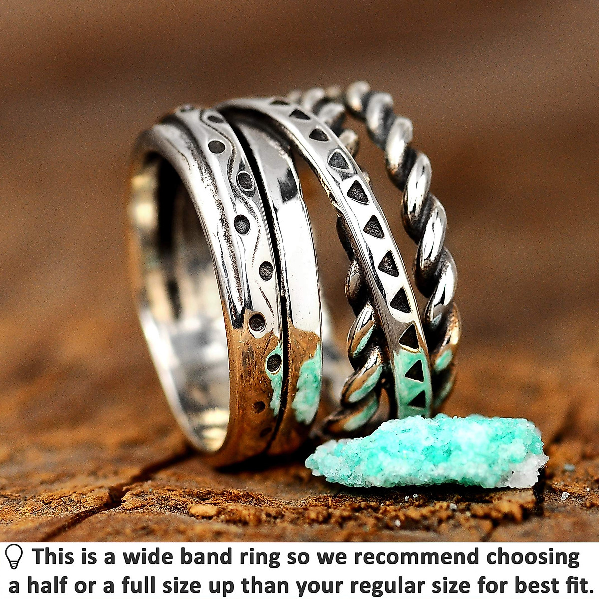Sterling Silver Ring for Women Statement Wide Band Boho Engraved