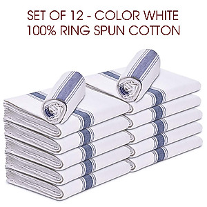 TALVANIA Kitchen Dish Towels 100% Cotton White Flour Sack Tea Cloth with Blue Herringbone Stripe, Pack of 12 Perfect Classic Dish Towel 15” x 25” Dishcloths for Bars Kitchens Counters etc.